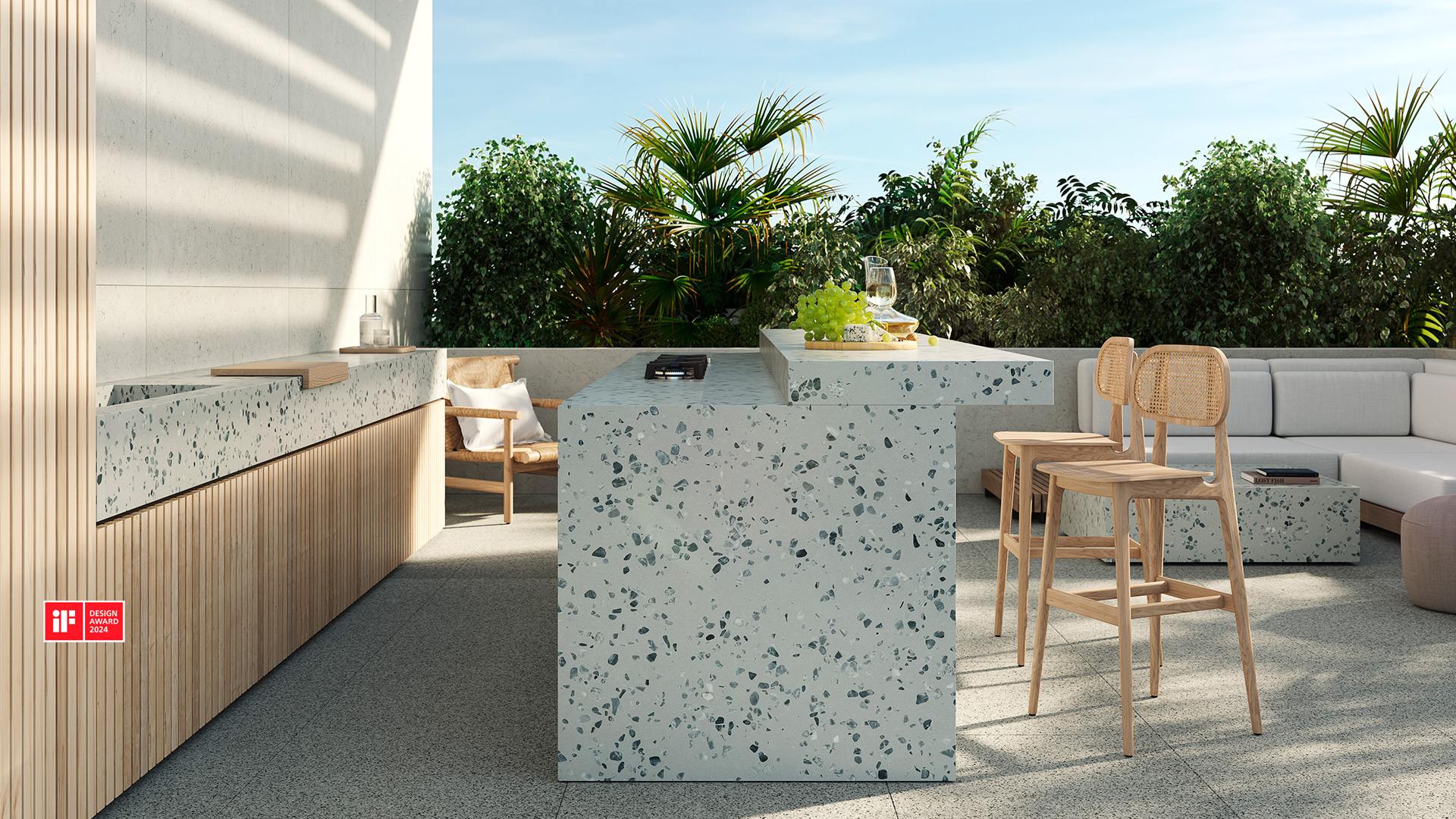 COMPAC. Superficies decorativas de Obsidiana, Terrazzo y Cuarzo